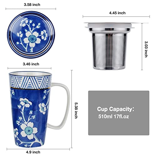 Taimei Teatime Ceramic Tea Cup with Infuser and Lid, 17 oz Tea Infuser Mug for Steeping Loose Leaf Tea with Handpainted Floral Pattern, Tea Mug with Infuser Basket, Women Office Home Gift