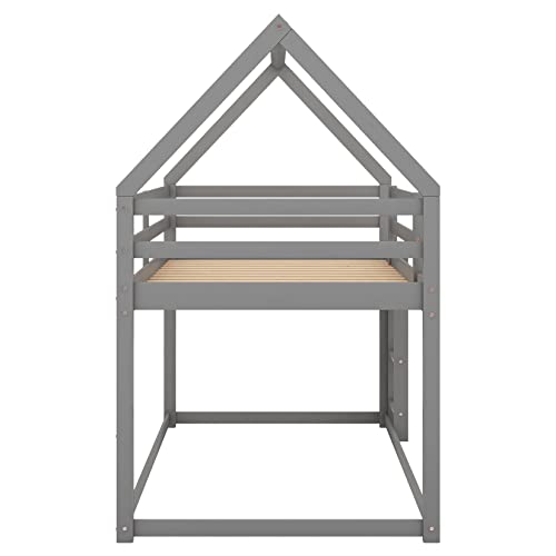 Twin Over Twin Low Bunk Bed, Wood House Bunk Bed Frame with Ladder, Guardrail and Roofs Floor Bunk Bed for Kids, Teens, Girls, Boys,Gray