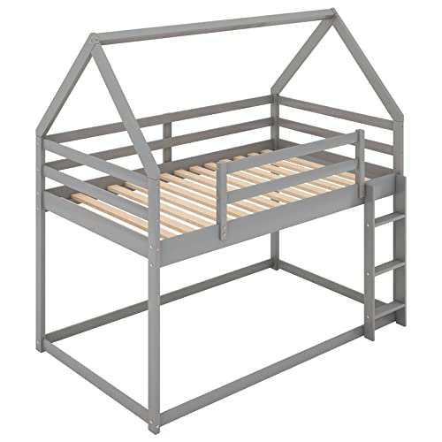 Twin Over Twin Low Bunk Bed, Wood House Bunk Bed Frame with Ladder, Guardrail and Roofs Floor Bunk Bed for Kids, Teens, Girls, Boys,Gray