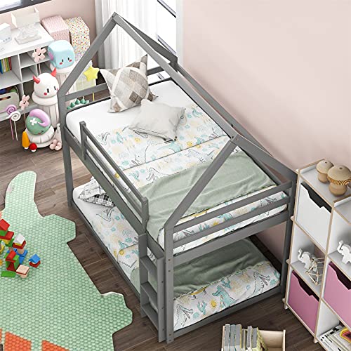 Twin Over Twin Low Bunk Bed, Wood House Bunk Bed Frame with Ladder, Guardrail and Roofs Floor Bunk Bed for Kids, Teens, Girls, Boys,Gray