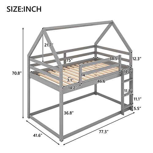 Twin Over Twin Low Bunk Bed, Wood House Bunk Bed Frame with Ladder, Guardrail and Roofs Floor Bunk Bed for Kids, Teens, Girls, Boys,Gray