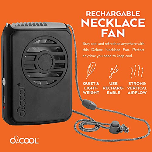 O2COOL Rechargeable Necklace Fan - Portable Hanging Neck Fan with Adjustable Lanyard - 3 Speed Vertical Air Flow – Micro USB Charging Cable Included (Black)