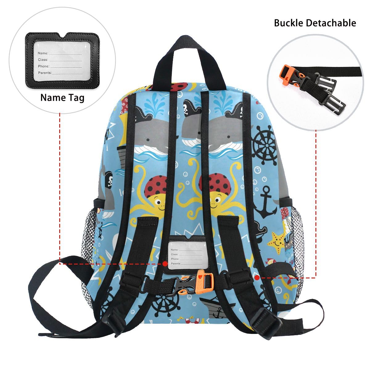 ODAWA Cartoon Pirates Elements Kids Backpacks with Name Tag Kindergarten Toddler Backpack