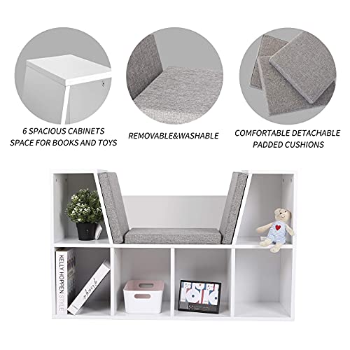 MUPATER Kids Reading Nook Organizer with Storage Bookshelf and Detachable Cushions, 6-Cubby Bookcase Cabinet for Kids Room and Bedroom, White