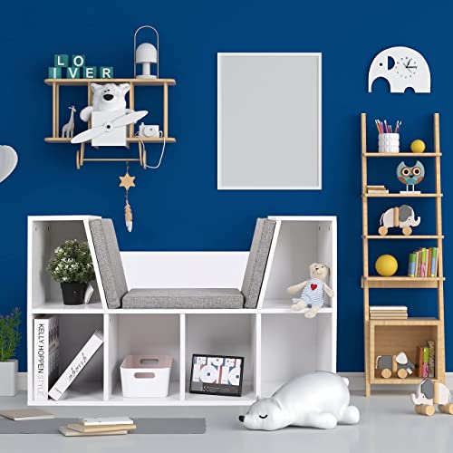 MUPATER Kids Reading Nook Organizer with Storage Bookshelf and Detachable Cushions, 6-Cubby Bookcase Cabinet for Kids Room and Bedroom, White
