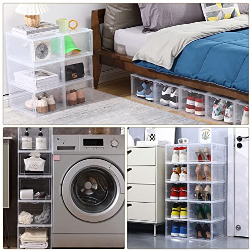 Clemate Shoe Storage Box,Set of 8,Shoe Box Clear Plastic Stackable,Drop Front Shoe Box with Clear Door,Shoe Organizer and Shoe Containers For Sneaker Display,Fit up to US Size 12(13.4βx 9.84βx 7.1β)