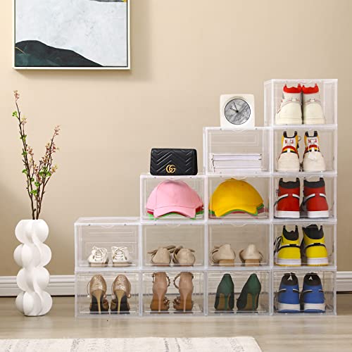 Clemate Shoe Storage Box,Set of 8,Shoe Box Clear Plastic Stackable,Drop Front Shoe Box with Clear Door,Shoe Organizer and Shoe Containers For Sneaker Display,Fit up to US Size 12(13.4βx 9.84βx 7.1β)