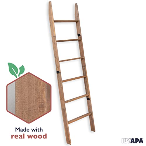 Ilyapa Blanket Ladder for The Living-Room - Rustic Decorative Quilt Ladder with Folding Construction for Easy Storage, Brown Weathered Wood
