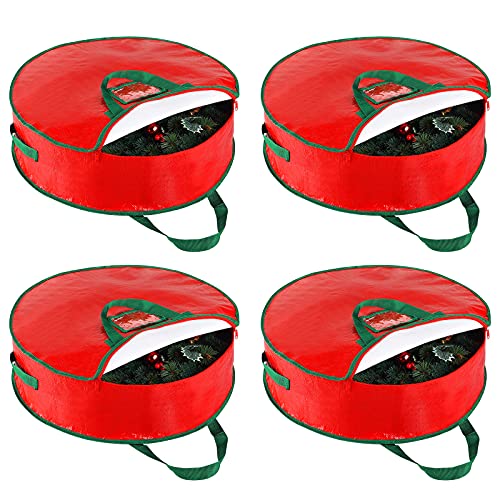 Shappy 4 Pieces Wreath Storage Container Bag Round Garland Holiday Container Zippered Xmas Artificial Wreath Container with Handle for Christmas Tree (Red,30 x 7 Inches)