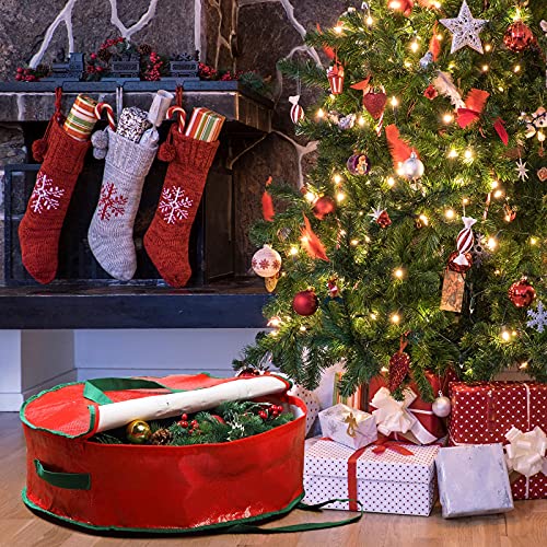 Shappy 4 Pieces Wreath Storage Container Bag Round Garland Holiday Container Zippered Xmas Artificial Wreath Container with Handle for Christmas Tree (Red,30 x 7 Inches)