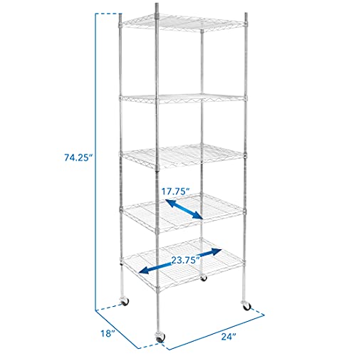 Mount-It! 5 Tier Wire Shelving with Wheels | - Rolling Garage Shelves, Closet Metal Racks with Shelves and Shelving or Utility Shelf for Laundry Room | Adjustable Shelf Height | No Tools Required