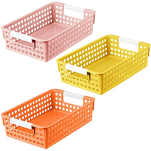 3 Pieces Classroom Storage Baskets Plastic Crayon Basket Pencil Storage Baskets Colorful Paper Organizer Baskets Plastic Bins with Handles for Home Office School, 10.7 x 6.9 x 3 Inch