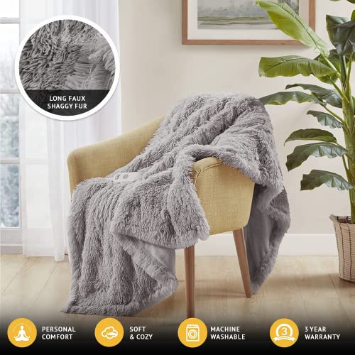 Serta Mila Shaggy Throw - Ultra Soft Long Faux Fur Electric Blanket, Fast Heating, Safety Auto Shut Off Timer, Low EMF, Multi Heat Setting, ETL Certified, Machine Washable, Ash Grey 50"x60"