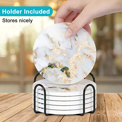 Nipichsha Coasters for Drinks, Set of 6 Marble Absorbent Ceramic Coasters with Holder and Cork Base, Cute Stone Drink Coasters for Cup Kitchen Home Decor Housewarming Gift, Round 4", White Gray Gold