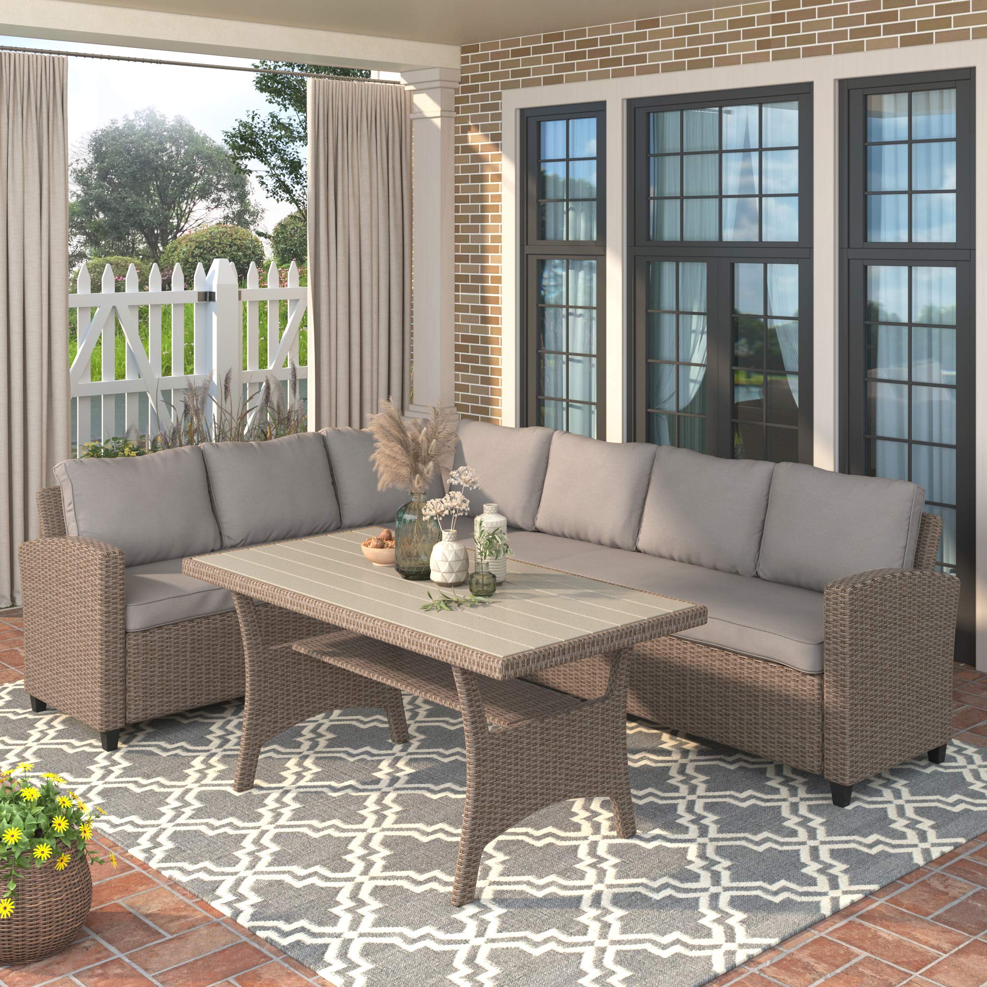 Goohome Outdoor Patio Furniture Set, L-Shaped All-Weather Weaving PE Wicker CoversationSet Sectional Sofa w/Table and Comforty Water-Resistant Cushions, for Patios, Backyards, Garden