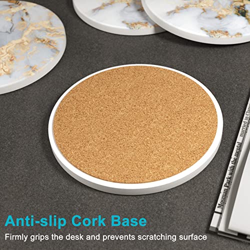 Nipichsha Coasters for Drinks, Set of 6 Marble Absorbent Ceramic Coasters with Holder and Cork Base, Cute Stone Drink Coasters for Cup Kitchen Home Decor Housewarming Gift, Round 4", White Gray Gold