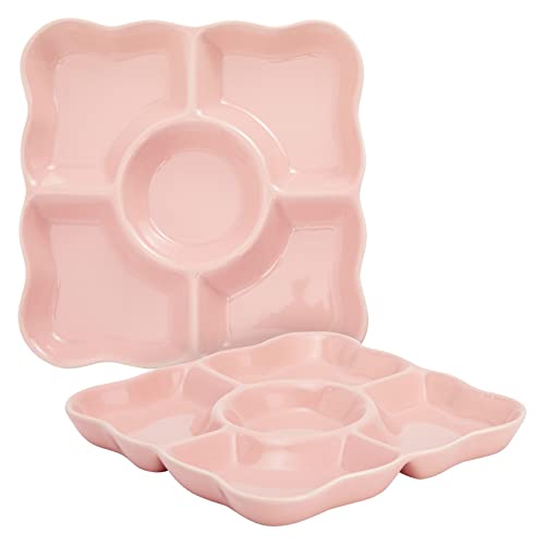 Juvale 2 Pack Porcelain Divided Serving Tray for Appetizers, 5 Compartments (Light Pink, 9.5 In)