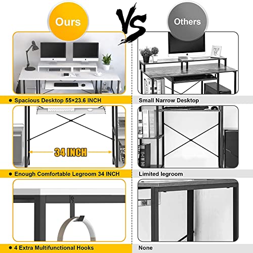 White Desk with Keyboard Tray, 55 INCH Desk with Storage Shelves Modern Computer Desks for Home Office Study Desk with Monitor Shelf Industrial PC Desk Studio Desk with Iron Hooks, Easy to Assemble