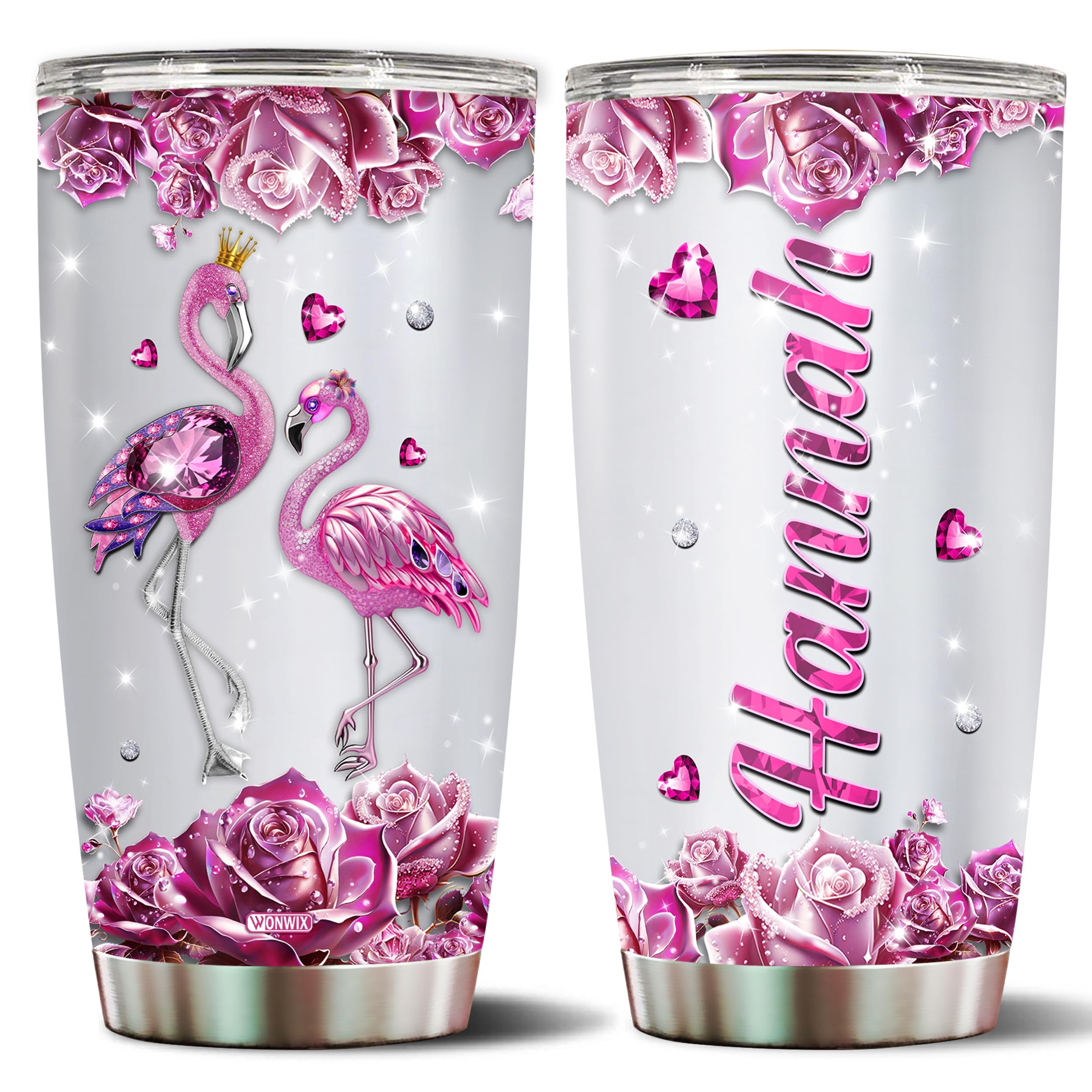 WONWIX Personalized Pink Flamingo Gifts For Women Adults Water Bottles Coffee Drinking Cup Teacher Kids Gift Jewelry Birthday Christmas Valentine 20oz Stainless Steel Tumblers With Lids