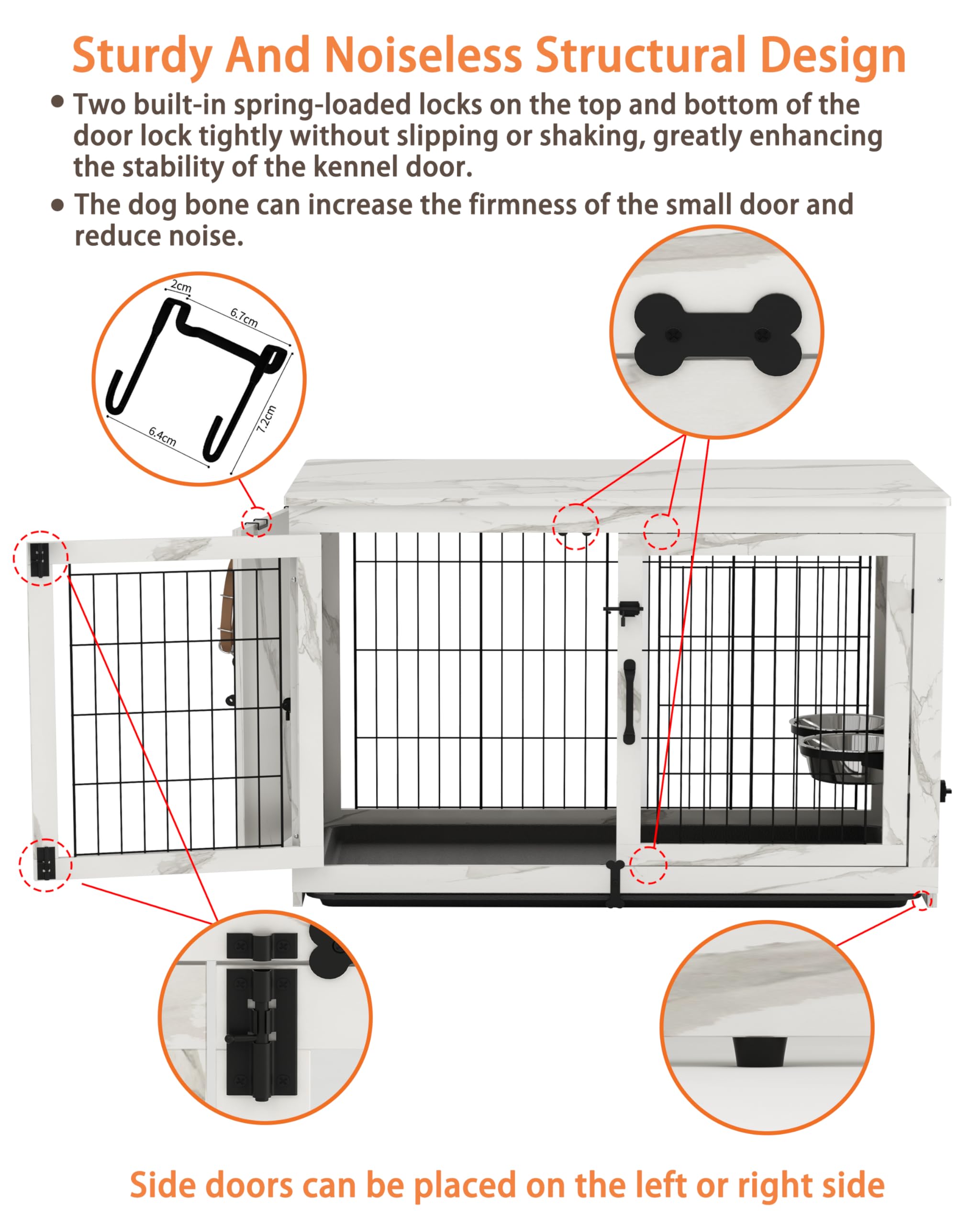 Piskyet Wooden Dog Crate Furniture with 360°Rotatable Removable Dog Bowls, Dog Crate End Table with Tray, Double Doors Dog Kennels forDogs(L:37.7" L*25.1" W*26.1" H, Marble White)