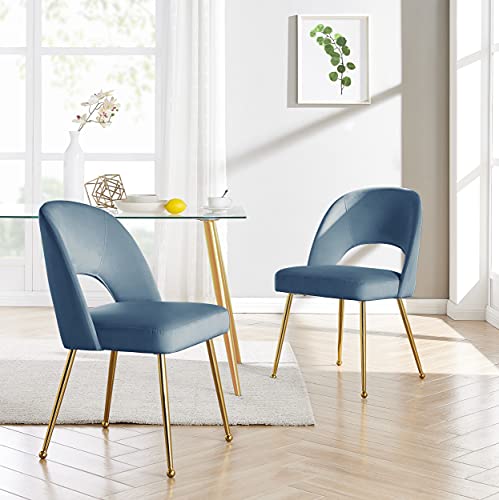 Iconic Home Welburn Dining Side Chair Velvet Upholstered Open Back Design Gold Plated Solid Metal Legs (Set of 2) Modern Contemporary, Blue
