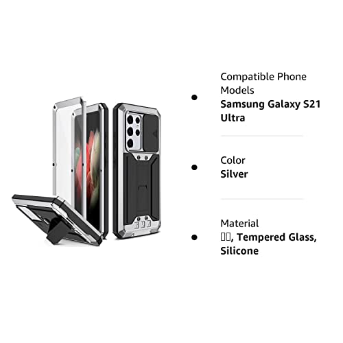 Metal Silicone Compatible with Samsung Galaxy s21 Ultra 6.8 inch Case Camera protection Heavy Duty Protection Doom Glass Cover Cases Shockproof Holder with built in screen protector (Silver)