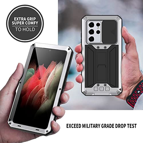 Metal Silicone Compatible with Samsung Galaxy s21 Ultra 6.8 inch Case Camera protection Heavy Duty Protection Doom Glass Cover Cases Shockproof Holder with built in screen protector (Silver)
