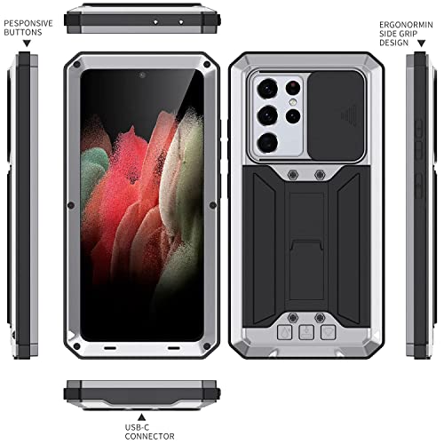 Metal Silicone Compatible with Samsung Galaxy s21 Ultra 6.8 inch Case Camera protection Heavy Duty Protection Doom Glass Cover Cases Shockproof Holder with built in screen protector (Silver)