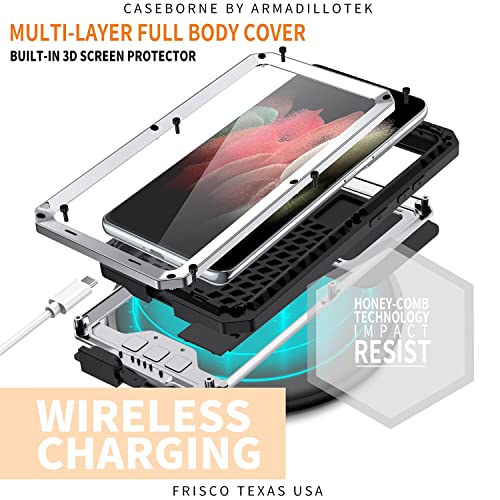Metal Silicone Compatible with Samsung Galaxy s21 Ultra 6.8 inch Case Camera protection Heavy Duty Protection Doom Glass Cover Cases Shockproof Holder with built in screen protector (Silver)