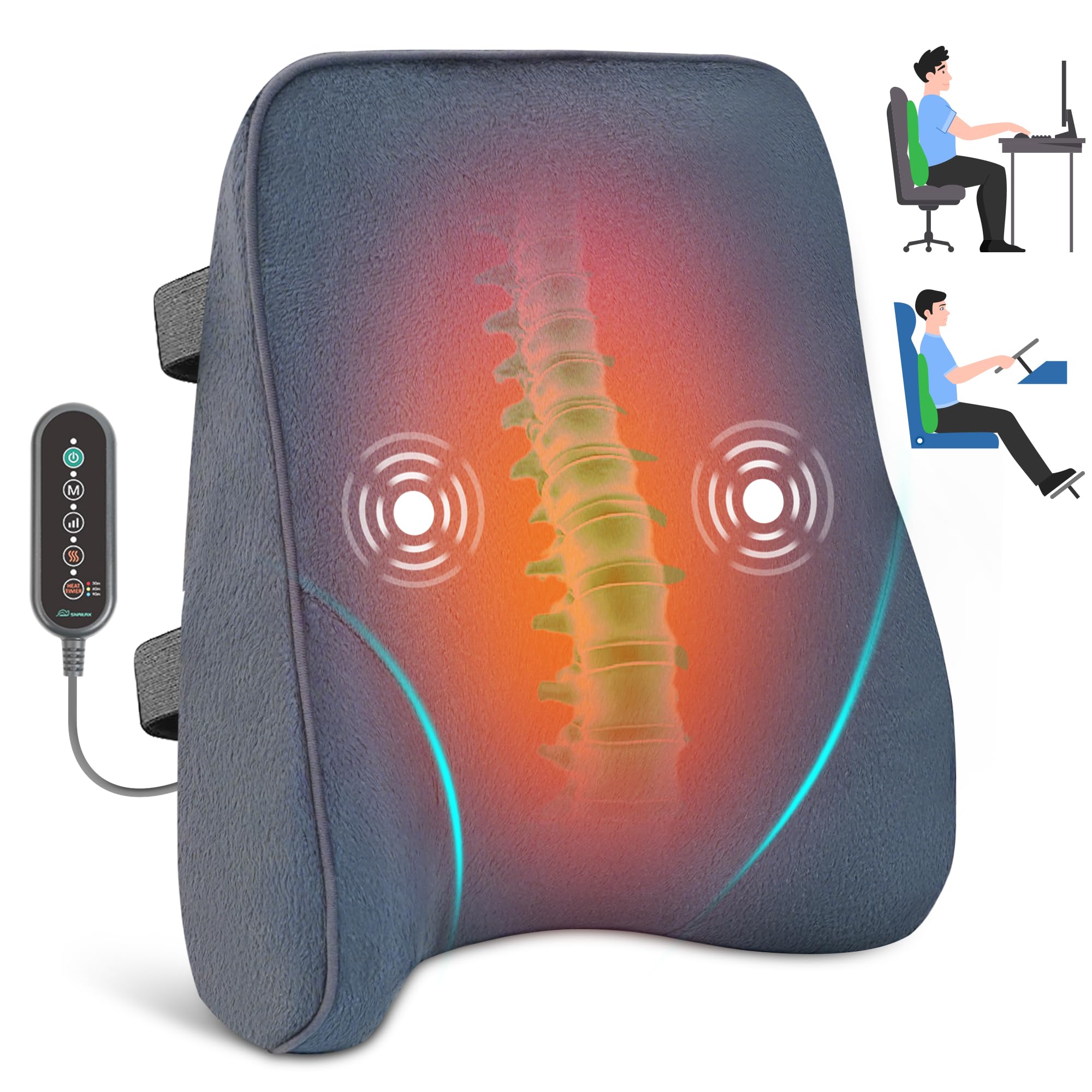 Snailax Heated Lumbar Support Pillow for Office Chair, Back Support Pillow for Car with Vibration, Chair Support for Lower Back, 3 Heat Levels & 3 Massage Modes, Back Massager with Heat, Gifts