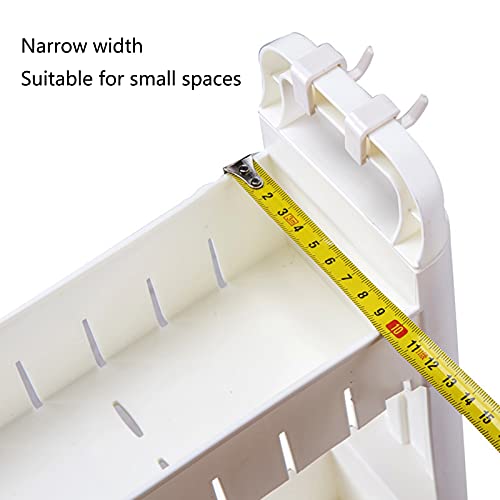 QFFL 4 Inch Kitchen Storage Cabinet, Plastic Slim Bathroom Rolling Cart with 4 Wheels and Hook, Narrow Shelving, for Paper Shampoo, White