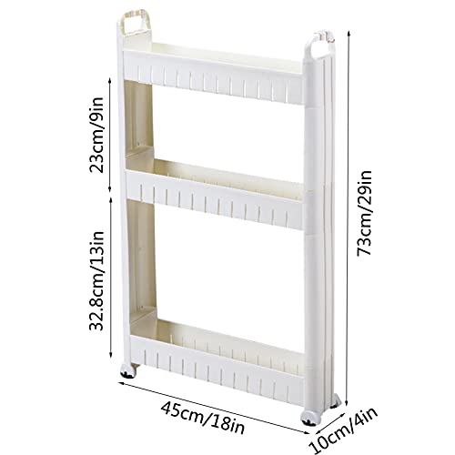 QFFL 4 Inch Kitchen Storage Cabinet, Plastic Slim Bathroom Rolling Cart with 4 Wheels and Hook, Narrow Shelving, for Paper Shampoo, White