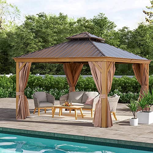 DHHU Outdoor Gazebo, 12' X 12' Patio Gazebo with Galvanized Steel Double Roof & Aluminum Frame, Hardtop Gazebo with Netting and Curtains,Patio Gazebo Pergola Pavilion for Gardens, Backyard Deck