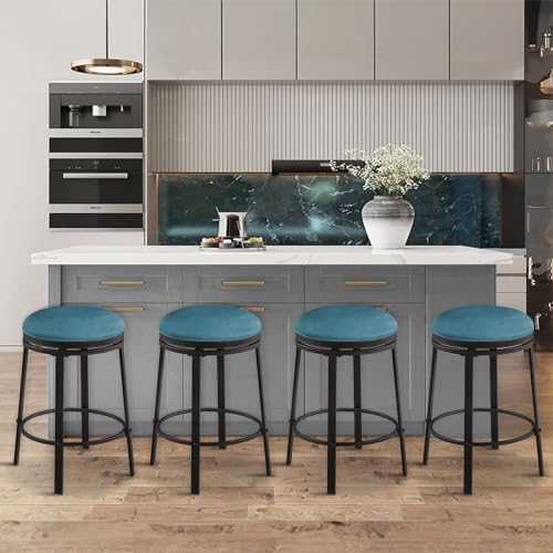 OUllUO Industrial Blue Bar Stool, 24" Counter Height, PU Leather, Backless Round Saddle, 16" Seat, 17.3 lbs, 1 Pc