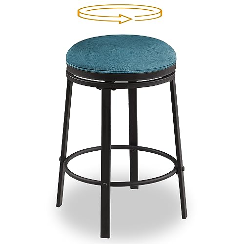 OUllUO Industrial Blue Bar Stool, 24" Counter Height, PU Leather, Backless Round Saddle, 16" Seat, 17.3 lbs, 1 Pc