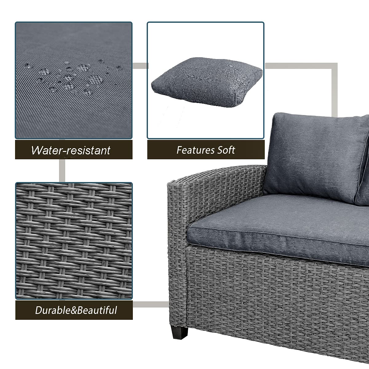 Goohome Patio Outdoor Furniture, L-Shaped All-Weather PE Rattan Wicker ConversationSet Sectional Sofa Set with Coffce Table and Comfort Cushions, for Backyard, Garden, Poolside, Deck, 1, A-Gray