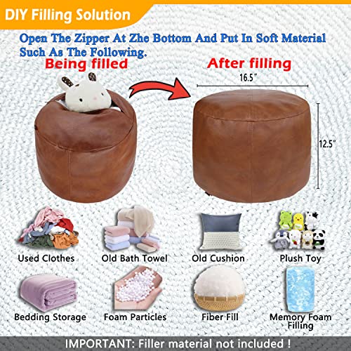 Thgonwid Unstuffed Faux Leather Pouf Cover, Handmade Footstool Ottoman Storage Solution, Floor Footrest Cushion - 16.5βx12.5β, Amaretto