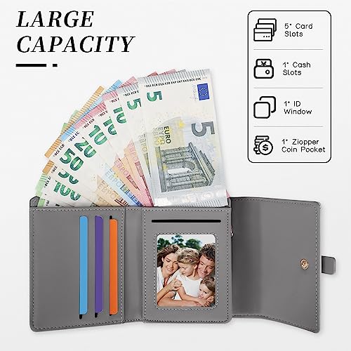 Small wallet for women RFID Trifold Ladies Wallets Vegan Leather Womens Wallet with ID Window Zipper Coin Pocket (grey white)