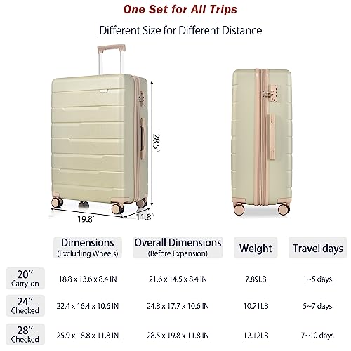 Merax 3 Pcs Expandable ABS Hardshell Luggage Sets with Spinner Wheel Suitcase TSA Lock Suit Case, Golden Green, (20/24/28)