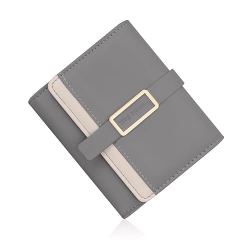 Small wallet for women RFID Trifold Ladies Wallets Vegan Leather Womens Wallet with ID Window Zipper Coin Pocket (grey white)