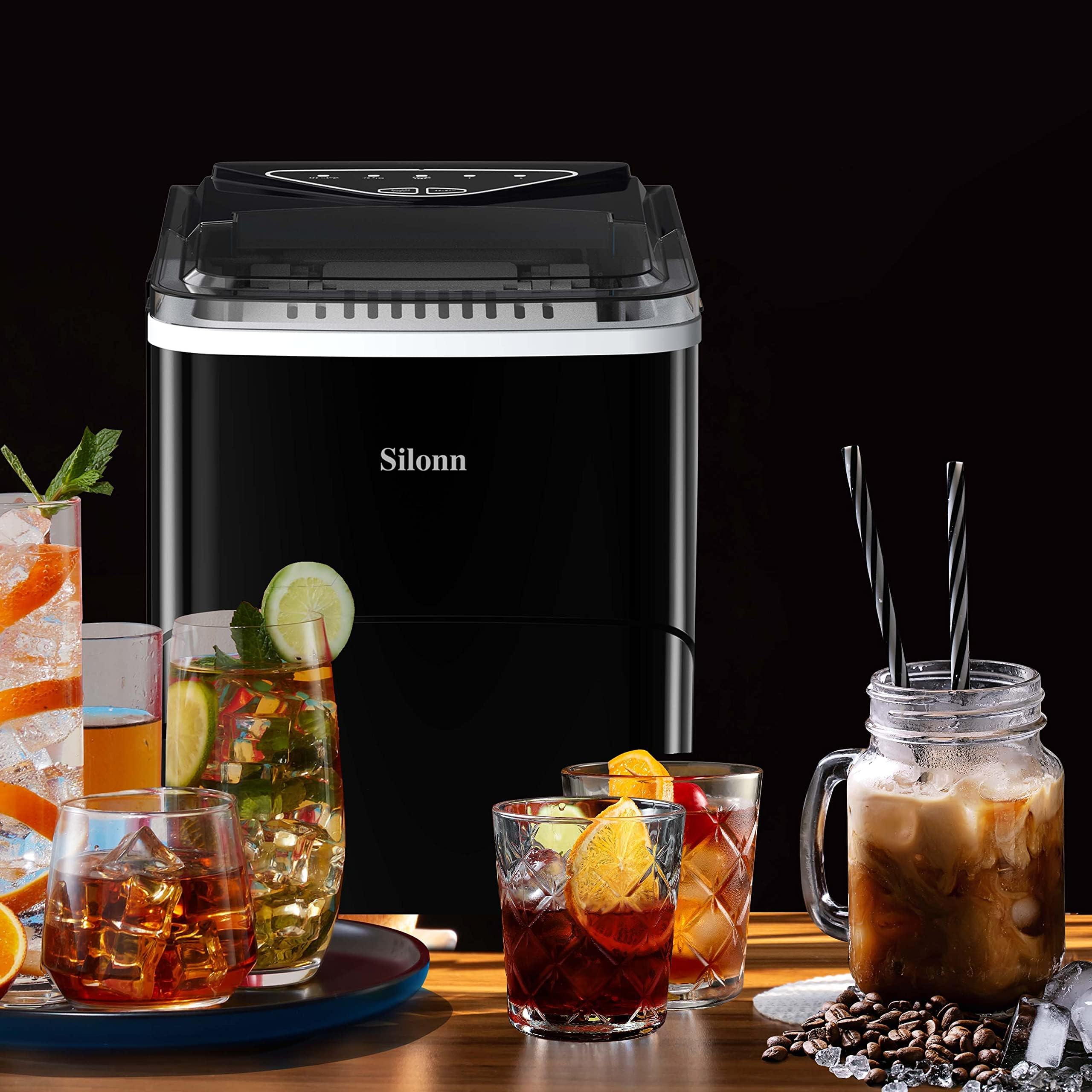 Silonn Ice Maker Countertop - 9 Cubes Ready in 6 Mins, Self-Cleaning Ice Machine with Ice Scoop and Basket, 2 Sizes of Bullet Ice