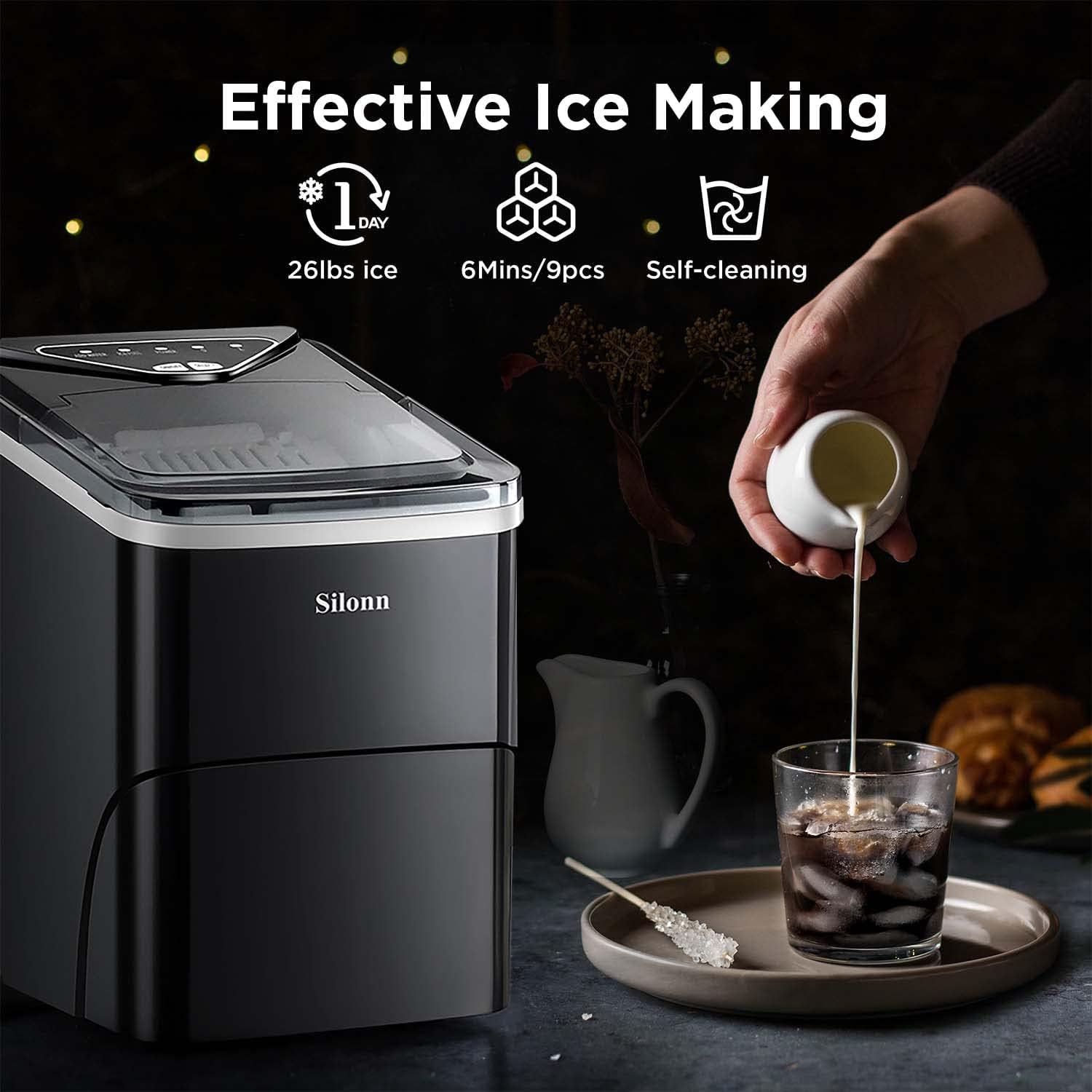 Silonn Ice Maker Countertop - 9 Cubes Ready in 6 Mins, Self-Cleaning Ice Machine with Ice Scoop and Basket, 2 Sizes of Bullet Ice