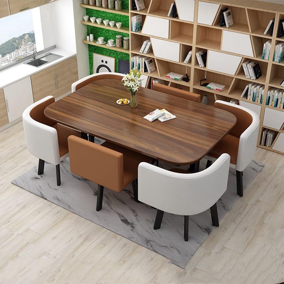 IWQHQXR Office Conference Table, Kitchen & Dining Table Reception Conference Coffee Table and 6 Chairs Rectangle/Oval Meeting Room Table (Color : 2) (Color : Brown 1)