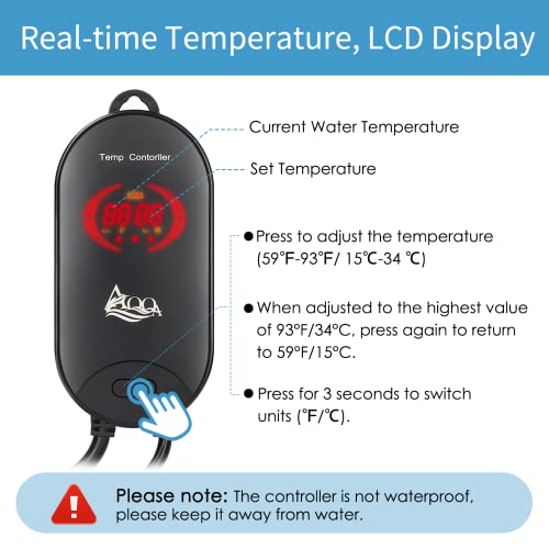 AQQA Aquarium Heater 500W 800W Submersible Fish Tank Heater with Double Explosion-Proof Quartz Tubes and External LED Display Controller for Marine Saltwater and Freshwater