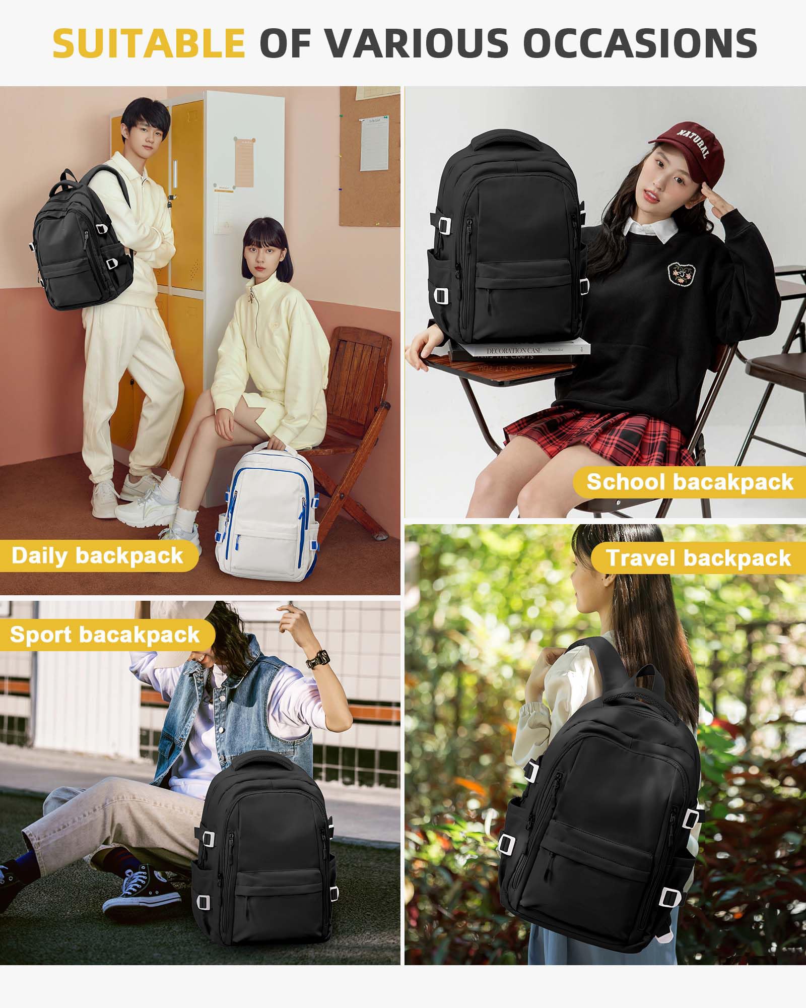 Lightweight Backpack for Women, Large Laptop Travel Backpack Casual Daypack College Bag Rucksack for Men. Black