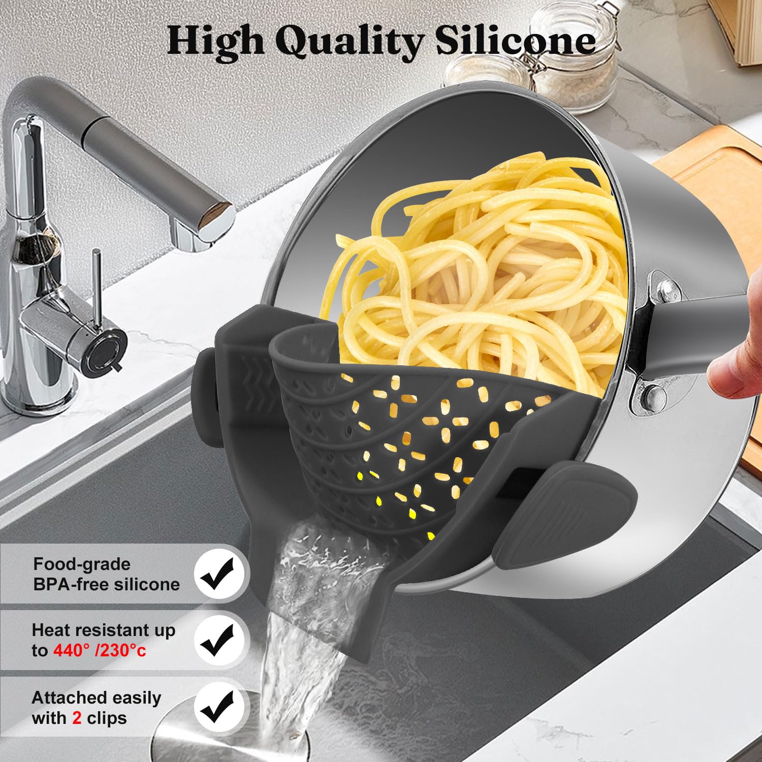 Pasta Strainer and Pot Strainer, Silicone Food Strainer, Adjustable Silicone Clip On Strainer for Pots, Pans, and Bowls, Kitchen Colander (Gray)