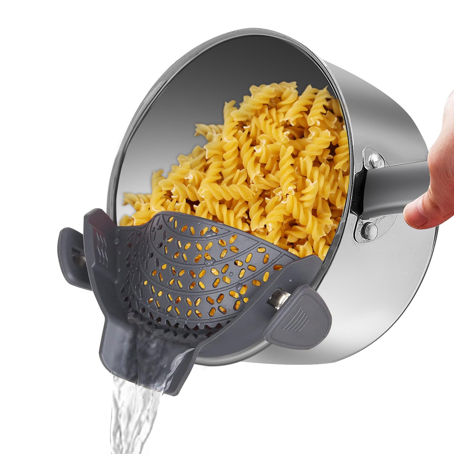 Pasta Strainer and Pot Strainer, Silicone Food Strainer, Adjustable Silicone Clip On Strainer for Pots, Pans, and Bowls, Kitchen Colander (Gray)