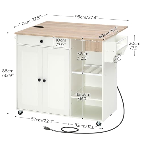 HOOBRO Kitchen Island with Storage, Rolling Kitchen Island with Folding Drop Leaf, Charging Station, Spice Rack, Drawer, Mobile Kitchen Island On Wheels, for Kitchen, White and Natural WN95UZD01
