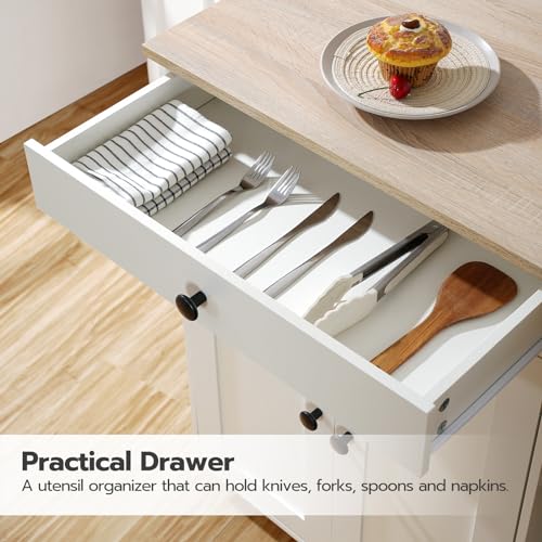 HOOBRO Kitchen Island with Storage, Rolling Kitchen Island with Folding Drop Leaf, Charging Station, Spice Rack, Drawer, Mobile Kitchen Island On Wheels, for Kitchen, White and Natural WN95UZD01