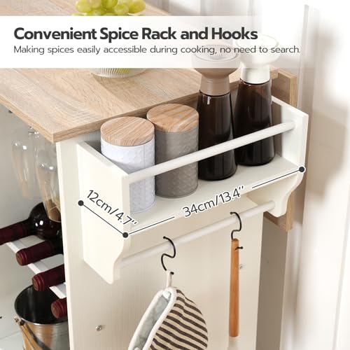 HOOBRO Kitchen Island with Storage, Rolling Kitchen Island with Folding Drop Leaf, Charging Station, Spice Rack, Drawer, Mobile Kitchen Island On Wheels, for Kitchen, White and Natural WN95UZD01